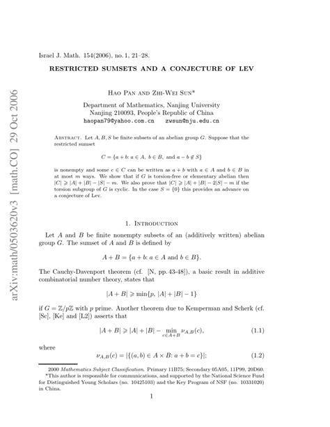 Pdf Restricted Sumsets And A Conjecture Of Lev