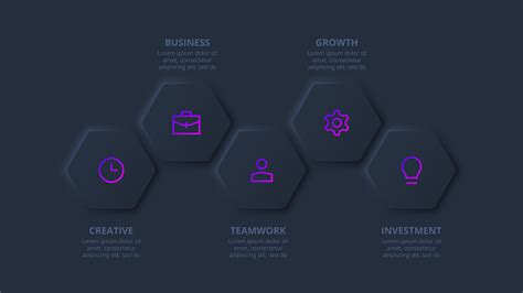 인포그래픽을 위한 어두운 중성모형 요소 다이어그램 그래프 프레젠테이션 및 차트용 템플릿입니다 5가지 옵션 부품 단계 또는 공정을