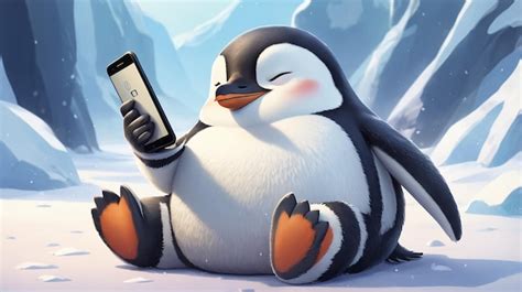 Cute Lazy Penguin Playing Smartphone Illustration Premium Ai