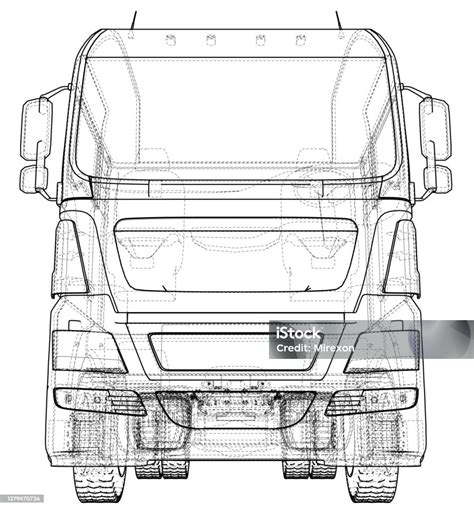 흰색 배경에 격리 된 전면 보기화물 트럭 기업 브랜드 아이덴티티 디자인을 위한 차량 레이아웃을 제공하는 유로트럭 맨 위 보기입니다 3d Eps 10 벡터 형식의 추적 그림