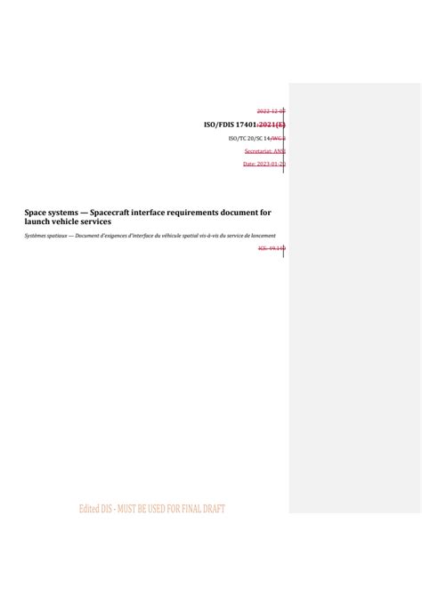 ISO FDIS 17401 Space Systems Spacecraft Interface Requirements Document For Launch Vehicle