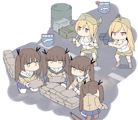 Safebooru 6girls Bangs Battle Rifle Blunt Bangs Blush Breasts Brown
