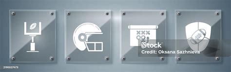 미식 축구 공과 방패 계획 전략 개념 미식 축구 헬멧 및 미식 축구 골 포스트 및 축구 공을 설정합니다 정사각형 유리 패널 벡터 Championship에 대한 스톡 벡터