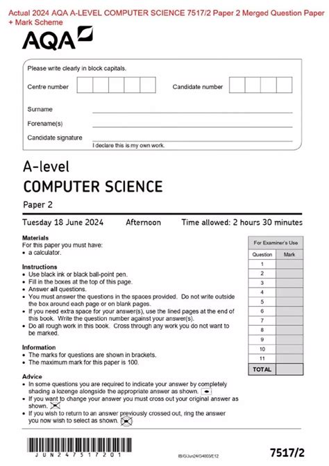 Actual 2024 Aqa A Level Computer Science 75172 Paper 2 Merged Question Paper Mark Scheme