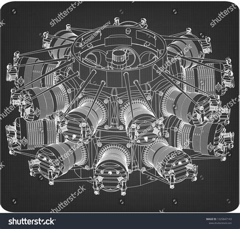 Radial Engine On Gray Background Drawing Stock Vector Royalty Free