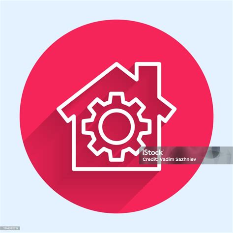 긴 그림자로 격리 된 기어 아이콘이있는 흰색 라인 집 이나 집 조정 서비스 설정 유지 보수 수리 고정 빨간색 원 버튼입니다 벡터