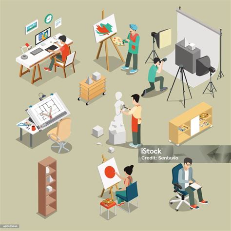 등각 투영 평면 아트 스튜디오 또는 가구 장비 및 작업 장소 벡터 그림 집합에서 그래픽 디자이너 조각가 사진 문자 워크샵 3d 아이소메트리 창조적인 사람 개념입니다 등측