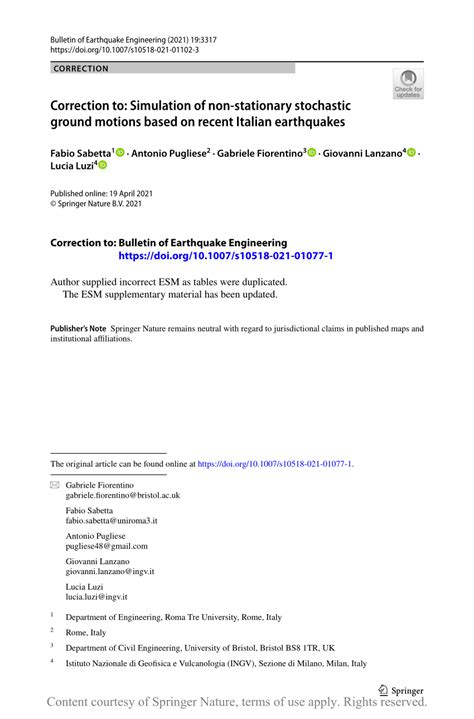 Correction To Simulation Of Non Stationary Stochastic Ground Motions Based On Recent Italian