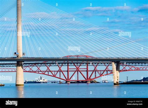 Daytime View Of The Three Major Bridges Crossing The Firth Of Forth At South Queensferry