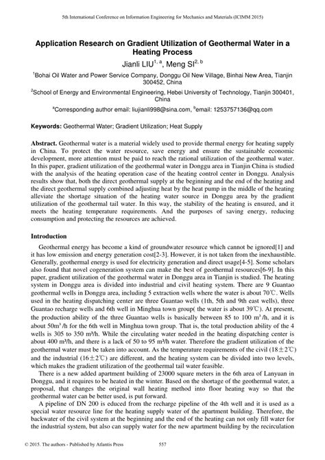 Pdf Application Research On Gradient Utilization Of Geothermal Water In A Heating Process