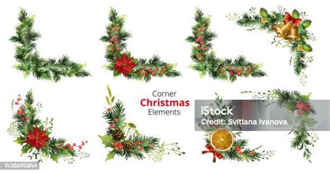 포인세티아 딸기 콘 징글 벨 오렌지 조각이 있는 코너 크리스마스 요소 세트 스프루스 코너 화환 크리스마스에 대한 스톡 벡터 아트 및 기타 이미지 Istock