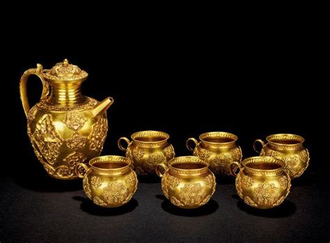 Set Of Six Gold Cups And Ewer From Late Tang Dynasty Or Five Dynasties