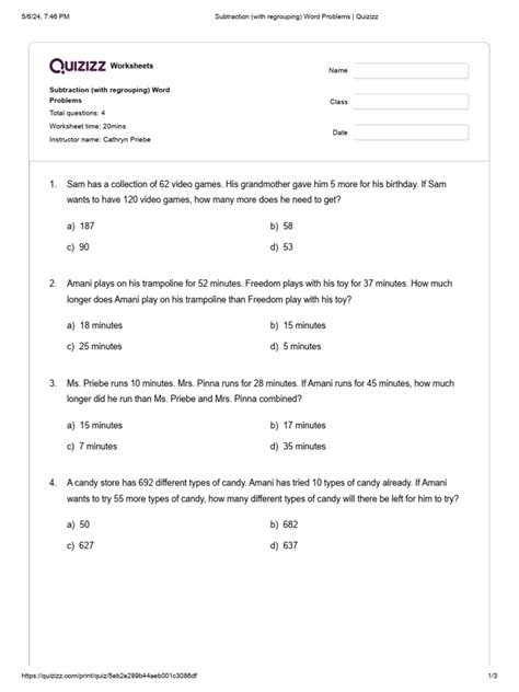 Subtraction With Regrouping Word Problems Quizizz1 Pdf