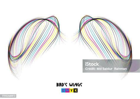 새의 날개 세트 Cmyk 라인 아트 벡터 디자인 흰색 배경 헤어밴드 세트 리본 천사 날개 Cmyk 도트 효과 및 검정 색상