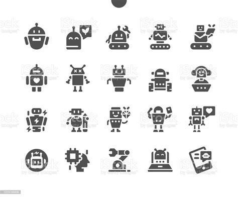 로봇 잘 만들어진 픽셀 완벽 한 벡터 솔리드 아이콘 30 웹 그래픽 및 애플 리 케이 션에 대 한 2 X 그리드 간단한 최소한의 그림 로봇에 대한 스톡 벡터 아트 및 기타