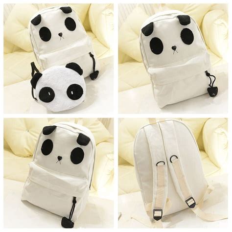 Women Girls Canvas Backpacks Cute Cartoon Panda Schoolbags With Small Shoulder Bags White