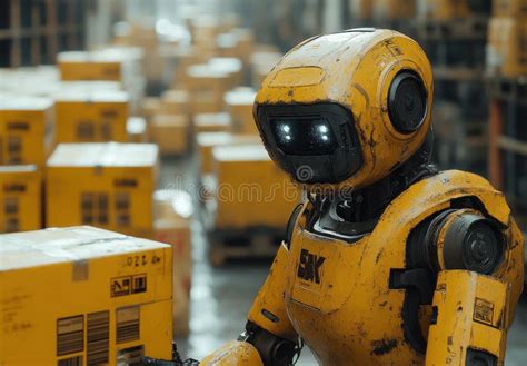 Humanoid Robot Organizing Boxes In A Modern Warehouse Setting Stock
