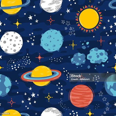행성 태양계 태양 운석과 별과 공간 원활한 패턴 낙서 만화 귀여운 행성 공간 벡터 어린이를위한 어두운 파란색 배경 보육 디자인 생일 파티 귀여운에 대한 스톡 벡터 아트 및