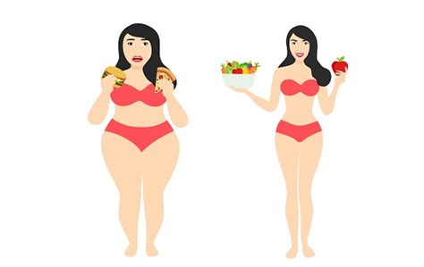 건강하고 건강에 해로운 여성 개념 지방 여자 먹는 햄버거와 슬림 여자 먹는 과일과 야채 벡터 일러스트 먹기에 대한 스톡 벡터 아트 및 기타 이미지 Istock