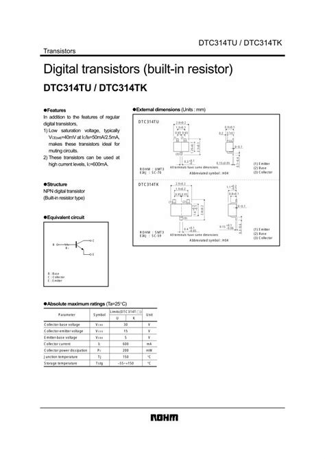 Pdf Digital Transistors Built In Resistor Sheets Rohm Pdfs · Digital Transistors 1