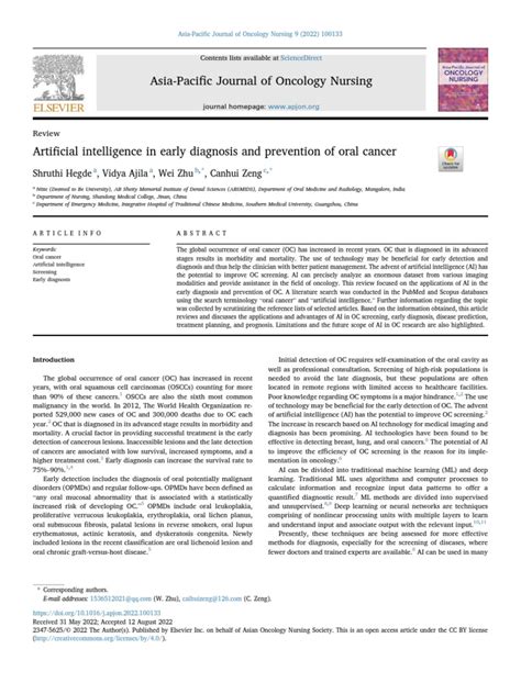 Artificial Intelligence In Early Diagnosis And Prevention Of Oral Cancer Pdf Artificial