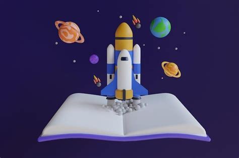 책 위에 로켓 발사의 3d 일러스트 로켓이 있는 책 프리미엄 Psd 파일 In 2024 3d Illustration
