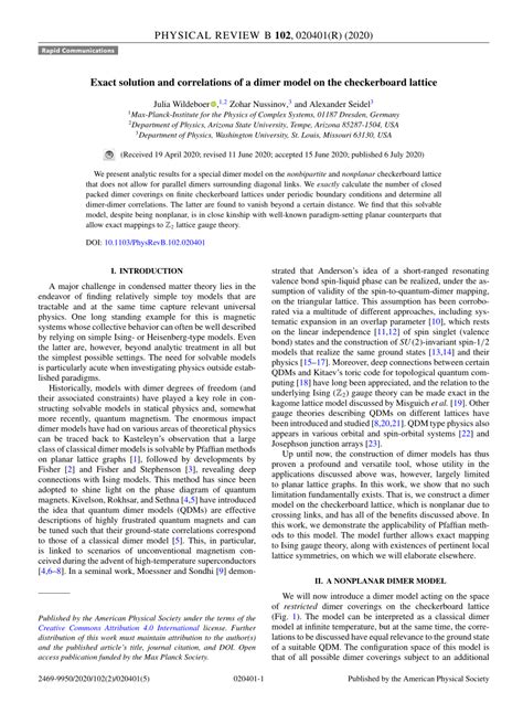 Pdf Exact Solution And Correlations Of A Dimer Model On The