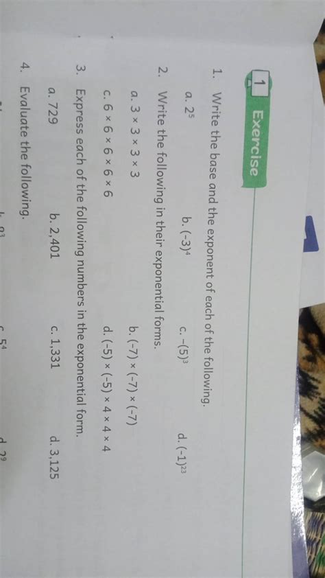 1 Exercise1 Write The Base And The Exponent Of Each Of The Followinga