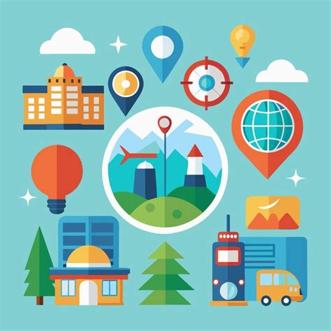Flat Design Illustration Of A Map With Various Icons Representing Different Locations Premium