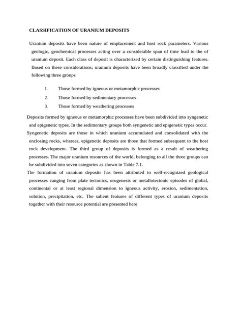 Classification Of Uranium Deposits Final Pdf Shale Rock Geology
