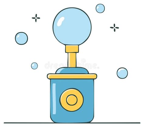 Cute Blue Bubble Blower Machine With Yellow Accents And Floating Soap
