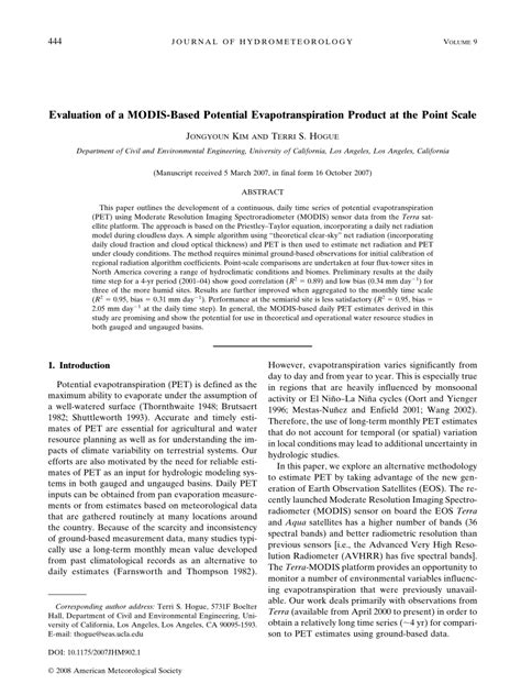 Pdf Evaluation Of A Modis Based Potential Evapotranspiration Product At The Point Scale