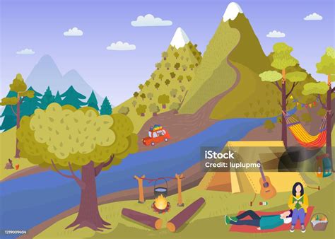 여름 숲 벡터 일러스트 만화 사람들이 캠프 파이어 근처 텐트와 관광 캠프에서 시간을 보내고 음식을 요리 하는 캠핑 피크닉 가공의 인물에 대한 스톡 벡터 아트 및 기타 이미지