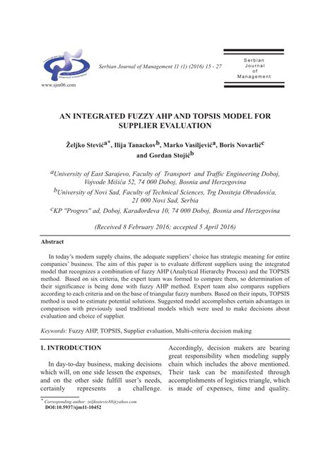 Pdf An Integrated Fuzzy Ahp And Topsis Model For Supplier Evaluation