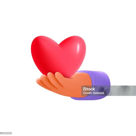 손바닥으로 붉은 심장을 잡으십시오 팔과 붉은 심장 개념 사랑 건강 자선 도움 보험 소셜 미디어에 대한 3d 만화 벡터 아이콘 3차원 형태에 대한 스톡 벡터 아트 및 기타