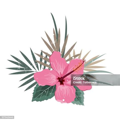 분홍색 히비스커스 꽃과 야자수 잎 플랫 벡터 일러스트와 꽃다발 구성 흰색 파스텔 팔레트에 고립 된 열대 이국적인 하와이 식물 0명에 대한 스톡 벡터 아트 및 기타 이미지