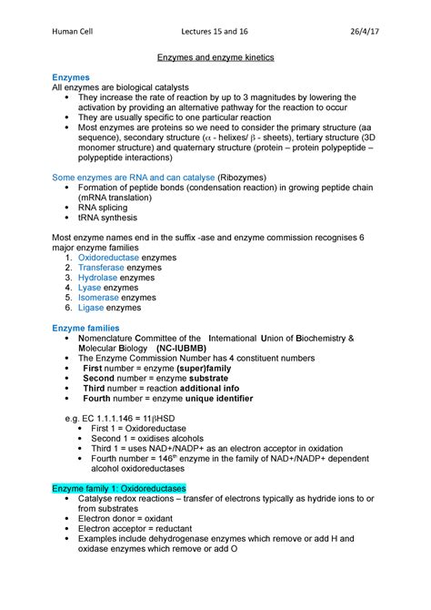 Enzymes And Enzyme Kinetics Human Cell Lectures 15 And 16 26 4 17 Enzymes And Enzyme Kinetics