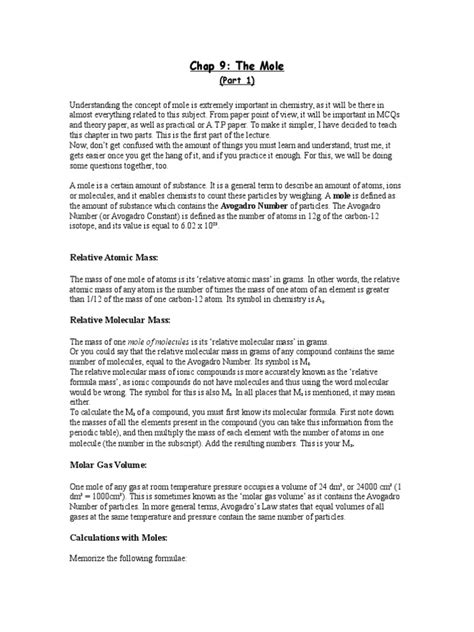 Chapter 9 The Mole Part 1 Pdf Mole Unit Molecules