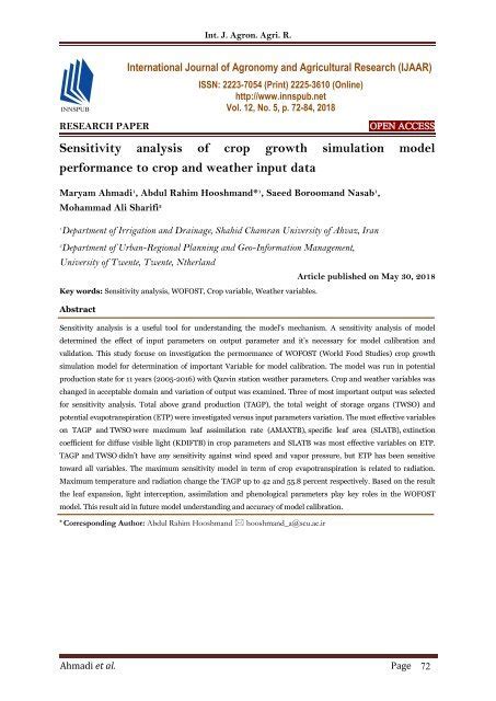 Sensitivity Analysis Of Crop Growth Simulation Model Performance To Crop And Weather Input Data
