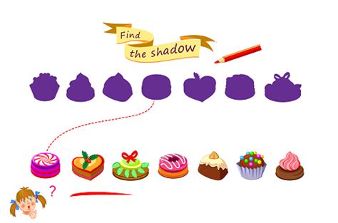 아이들을 위한 최고의 퍼즐 각 케이크에서 그림자를 찾을 수 있습니까 교육용 게임 어린이를 위한 논리 교육 온라인 플레이 세심함을위한 작업 Iq 테스트 벡터 만화 그림입니다