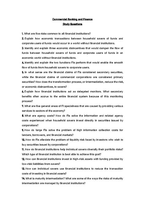 Bfi Study Questions Commercial Banking And Finance Study Questions