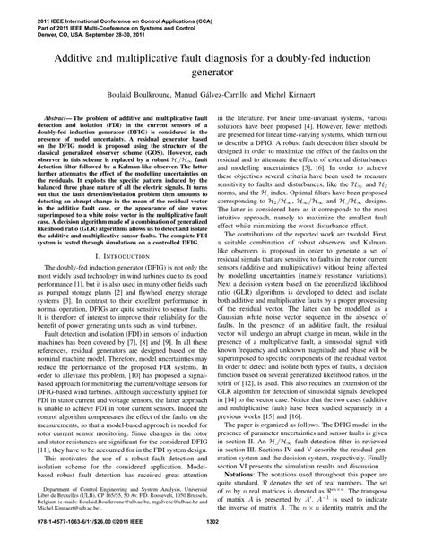 Pdf Additive And Multiplicative Fault Diagnosis For A Doubly Fed Induction Generator