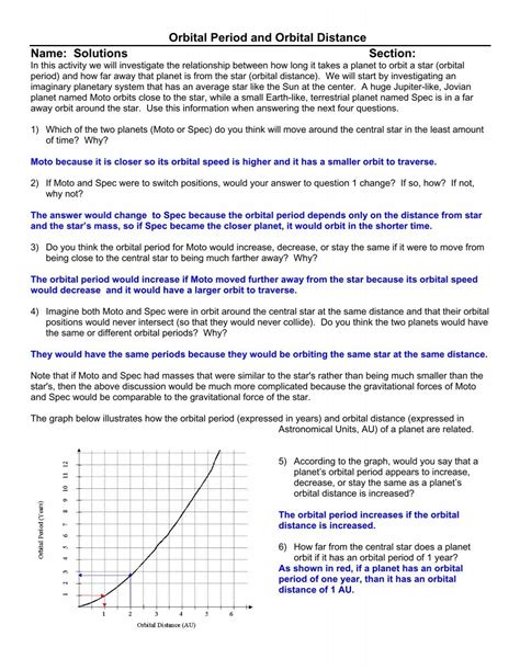 Orbital Period And Orbital Distance Name Solutions Section
