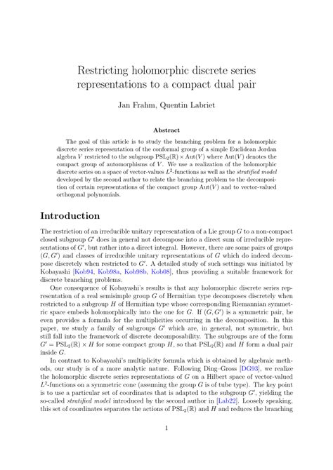 Pdf Restricting Holomorphic Discrete Series Representations To A Compact Dual Pair