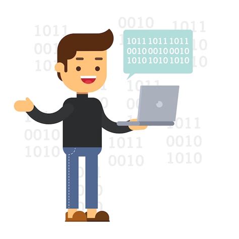 Premium Vector Binary Coding Happy Programmer Man With Laptop