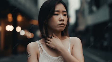 밤에 도시에서 목에 문신을 한 여성 아시아 여성 가슴에 손을 얹고 있는 20대 여성 고화질 사진 사진 머리카락 배경 일러스트 및 사진 무료 다운로드 Pngtree