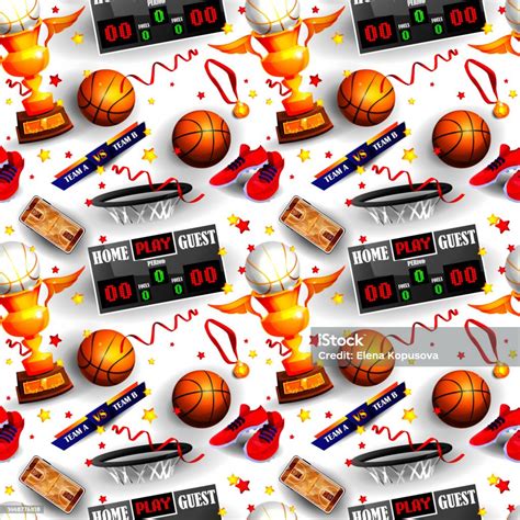 만화 스타일의 팀 경쟁 스포츠 및 승리의 원활한 배경 격리된 흰색 배경에 농구 용품 및 스포츠 장비 1위에 대한 스톡 벡터 아트 및 기타 이미지 Istock