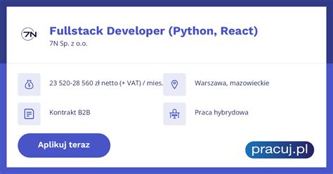 Oferta Pracy Fullstack Developer Python React 7n Sp Z Oo Warszawa
