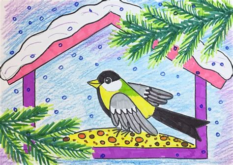 Кормушка рисунок синица зимой Дошкольные художественные проекты