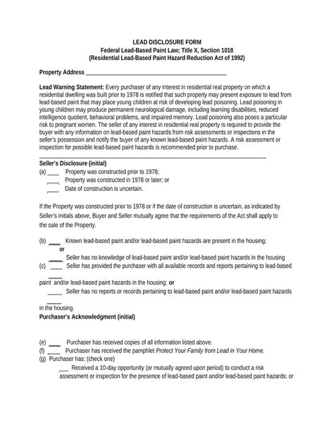 Free Printable Lead Based Paint Disclosure Pdf Tenants Form For Renters